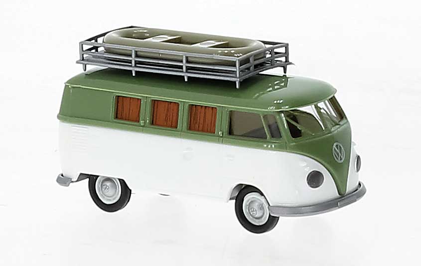 Brekina 31624 HO Scale VW T1b Passenger Van w/Roof Rack - Green and Wh ...