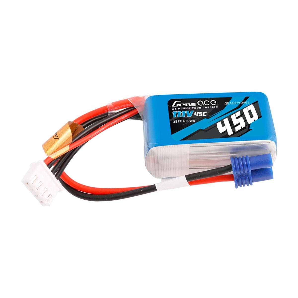 Gens ace 450mAh 11.1V 45C 3S Shorty LiPo Battery Pack with EC2 — White ...