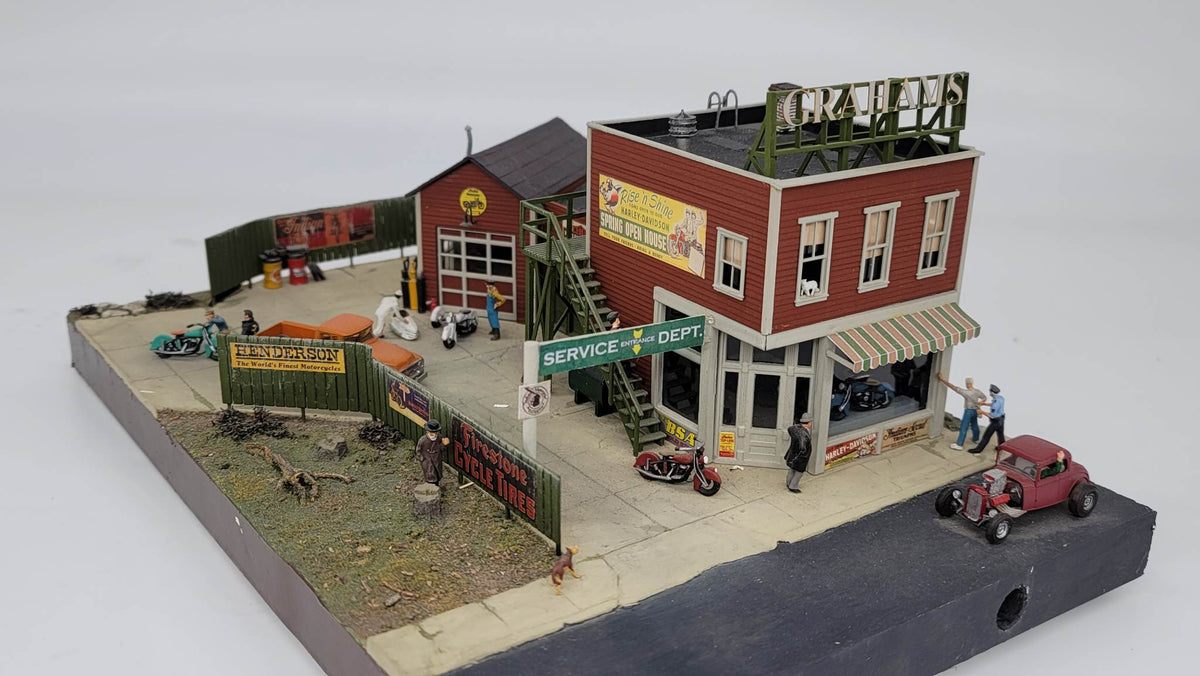 JL Innovative Design 621 HO Scale Graham's Motorcycle Emporium Laser C ...