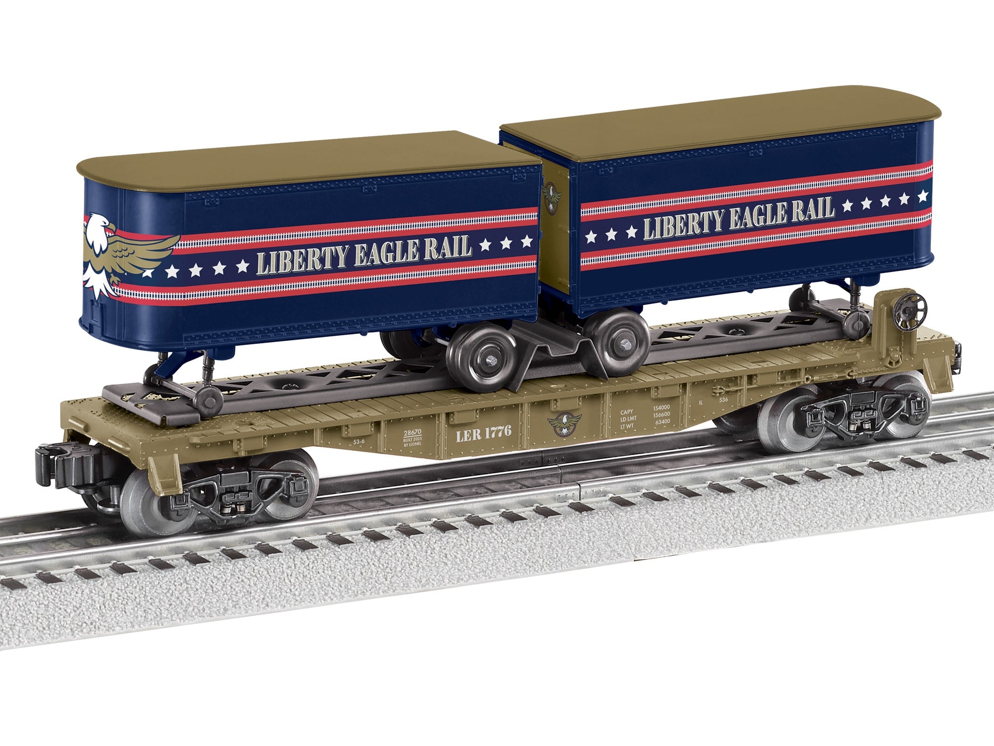 Lionel 2528670 O Gauge Liberty Eagle Rail Flatcar with Piggyback Trail ...