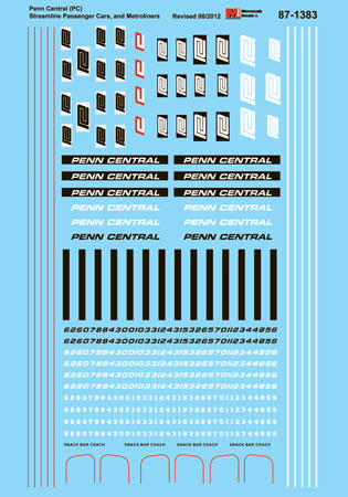 Microscale Decals 87-1383 HO Scale Penn Central PC Metroliners — White ...