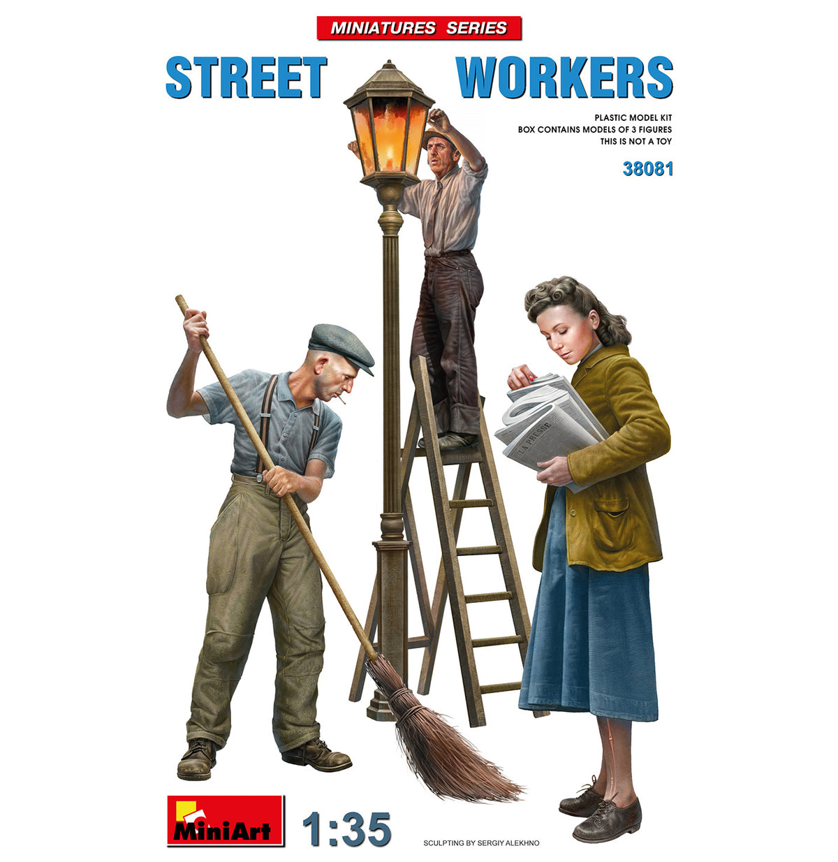 MiniArt 38081 1/35 Street Workers with Lamppost and Ladder Model Kit — White Rose Hobbies