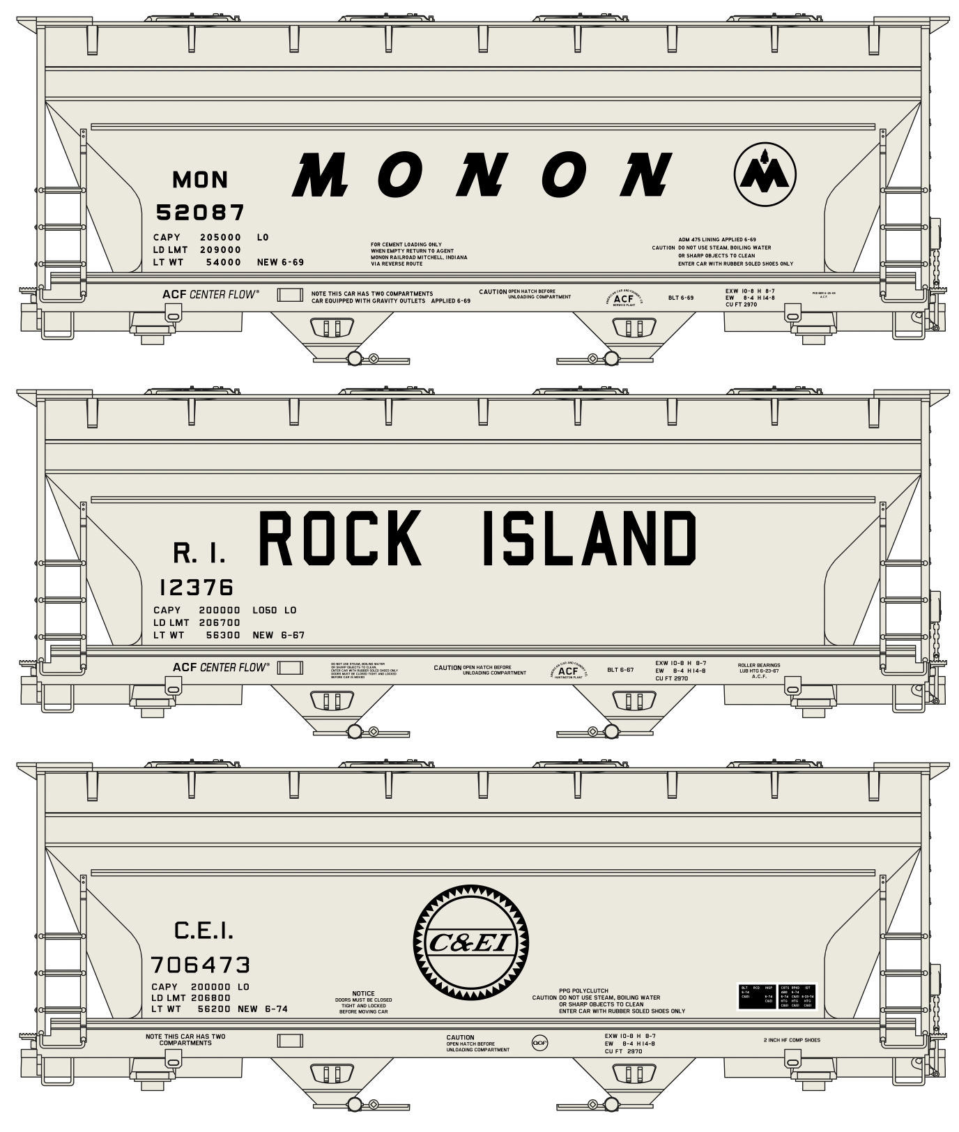 Accurail 8151 HO Scale ACF Covered Hopper Kit Midwest MON, RI, C&EI 3 ...