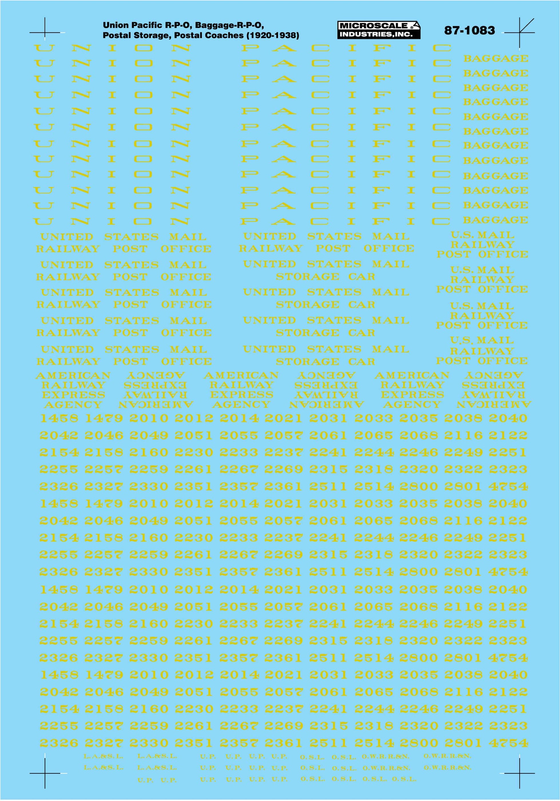 Microscale Decals 87-1083 HO Scale Heavyweight Head End Cars Union Pac ...