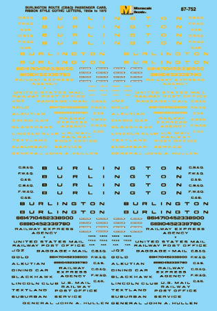 Microscale Decals 87-752 HO Scale Burlington CB&Q C&S and FW&D Passeng ...