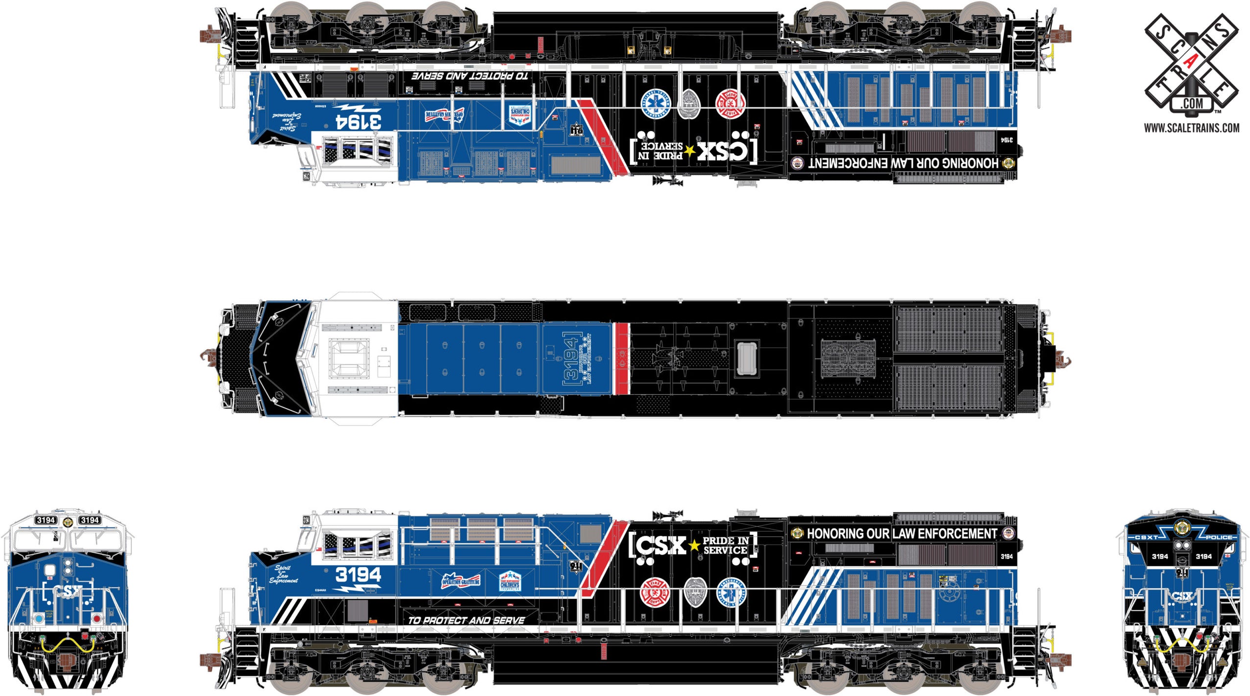 ScaleTrains 32399 Rivet HO Scale GE ES44AH GEVo Law Enforcement (Red/Blue) CSX 3194 DCC ...